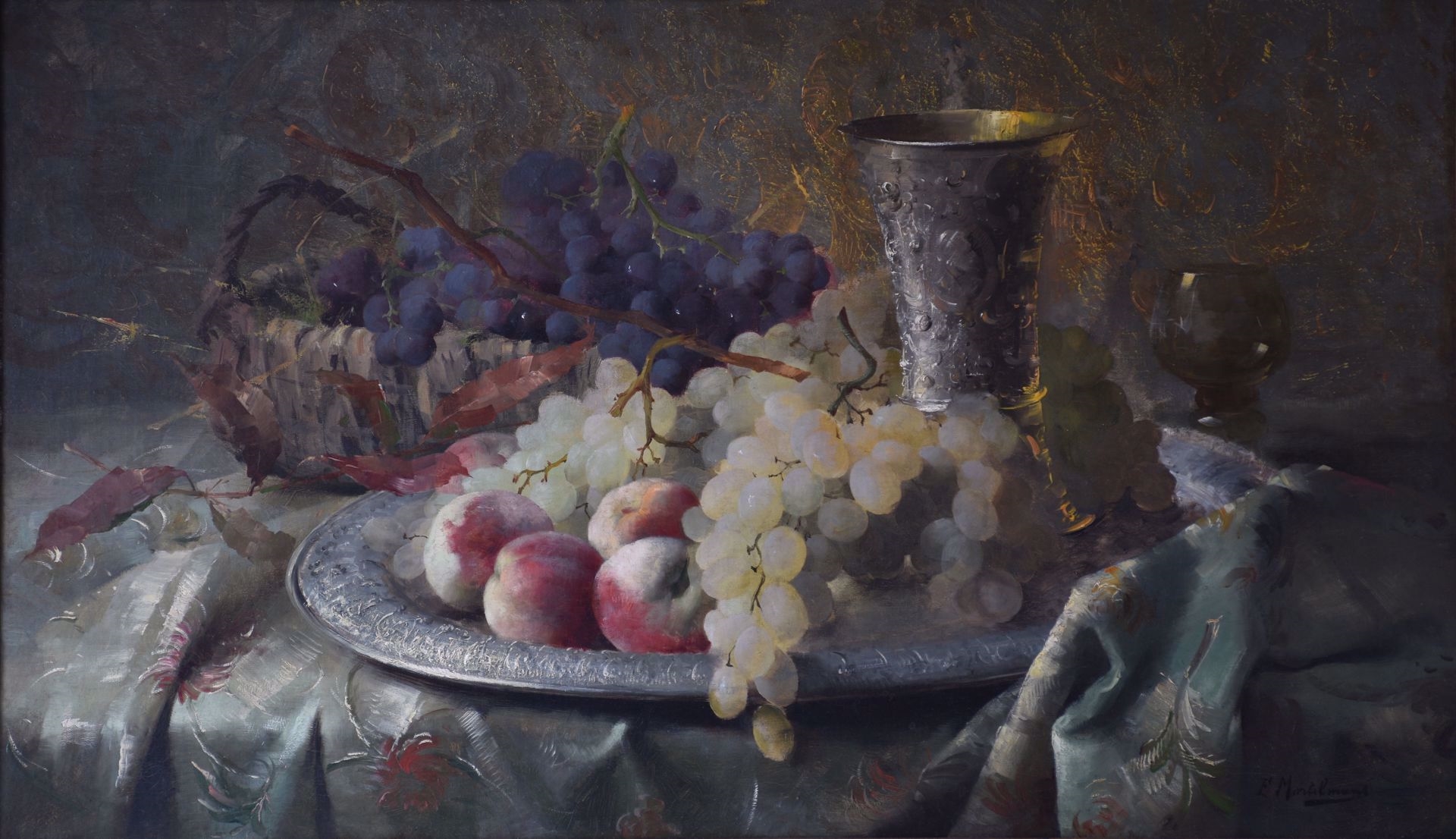 Frans Mortelmans | Still life of silver cup and fruit bowl | MutualArt