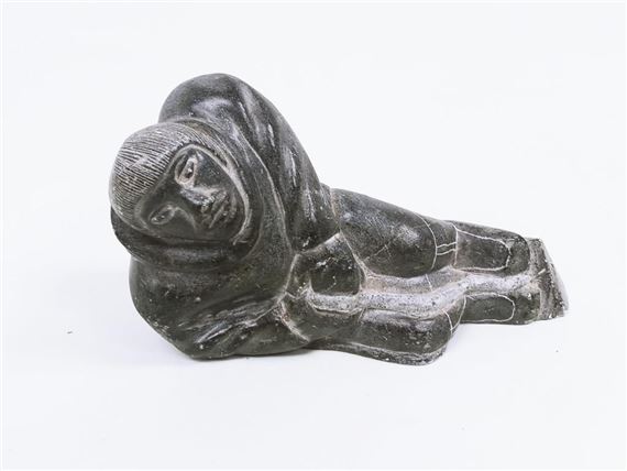 Alasua Amittu Davidialuk | Soapstone Carving of a Hunter Lying on his side. Attibution: Signed ...