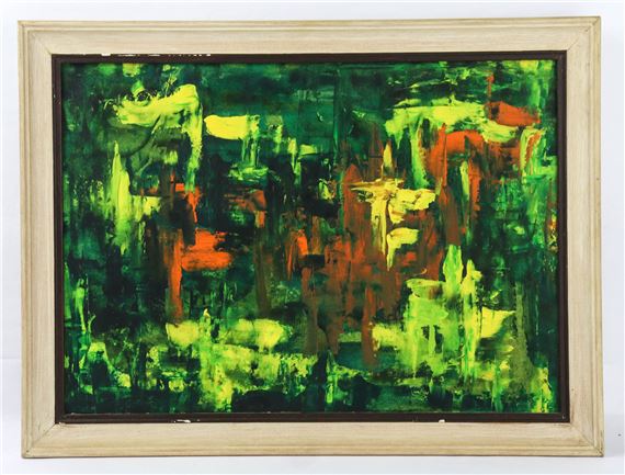 Green | A framed abstract artwork on board with tones of yellow and ...