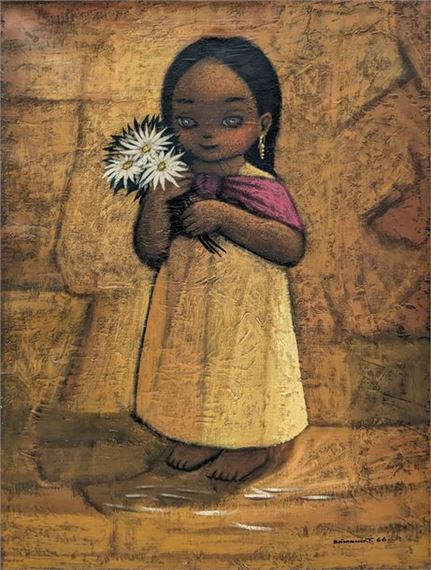 Jose Samano | Little girl with a bouquet of white flowers | MutualArt