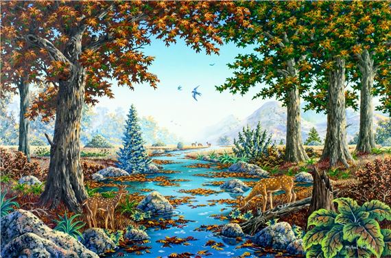 Michael Fishel | Autumn Forest Landscape with Deer (1980) | MutualArt