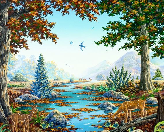 Michael Fishel | Autumn Forest Landscape with Deer (1980) | MutualArt