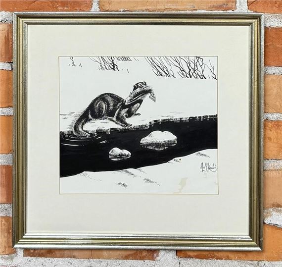 Leslie C. Kouba | Les Kouba Montana Otter Pen & Ink Drawing | MutualArt