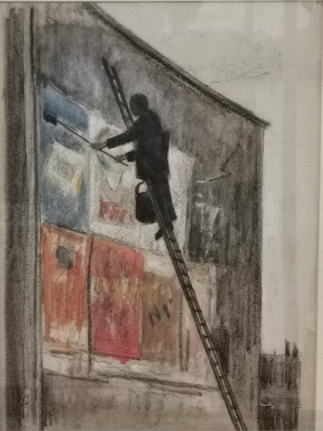 Hall Clifford | Study of a man up a ladder pasting adverts to a wall ...