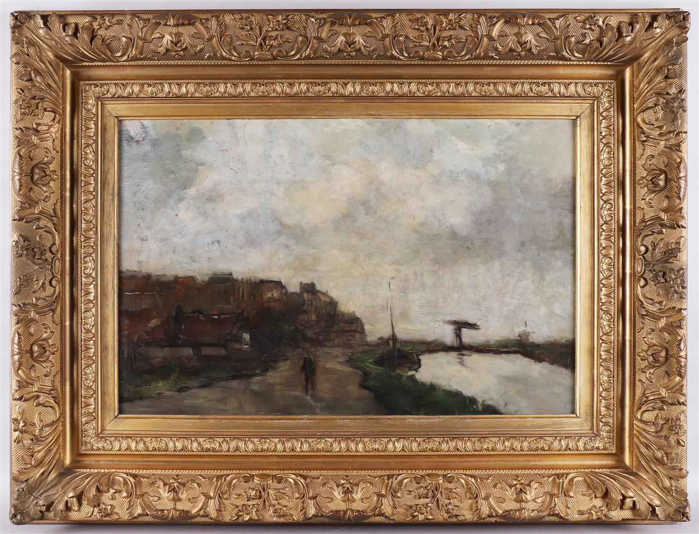 Jan Costerus | Landschap met gezicht op kanaal met een brug | MutualArt