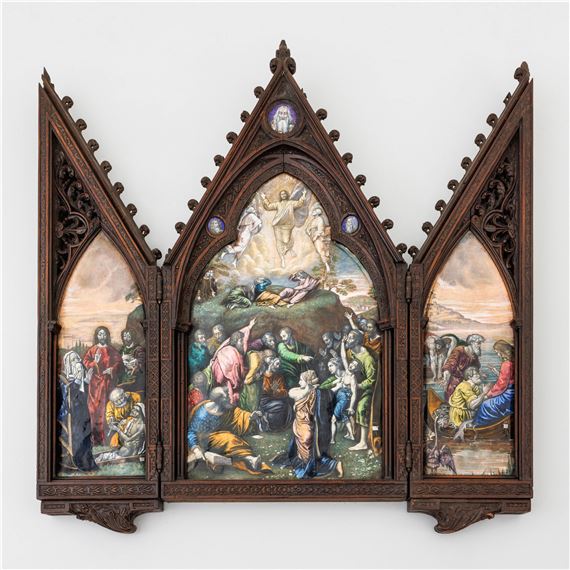Raffaello Sanzio | A 19th-century Neo-Gothic Limoges enamel triptych with depictions from the ...