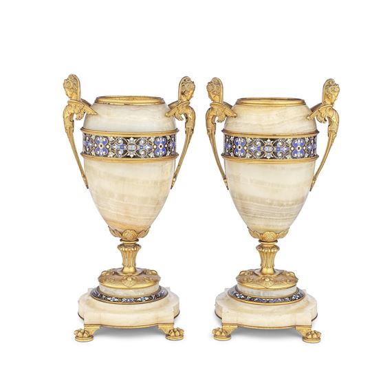 Ferdinand Barbedienne | Cream onyx garniture urns | MutualArt