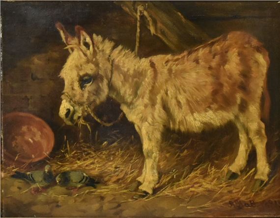 Arthur Batt | Donkey with pigeons (Circa 1881) | MutualArt