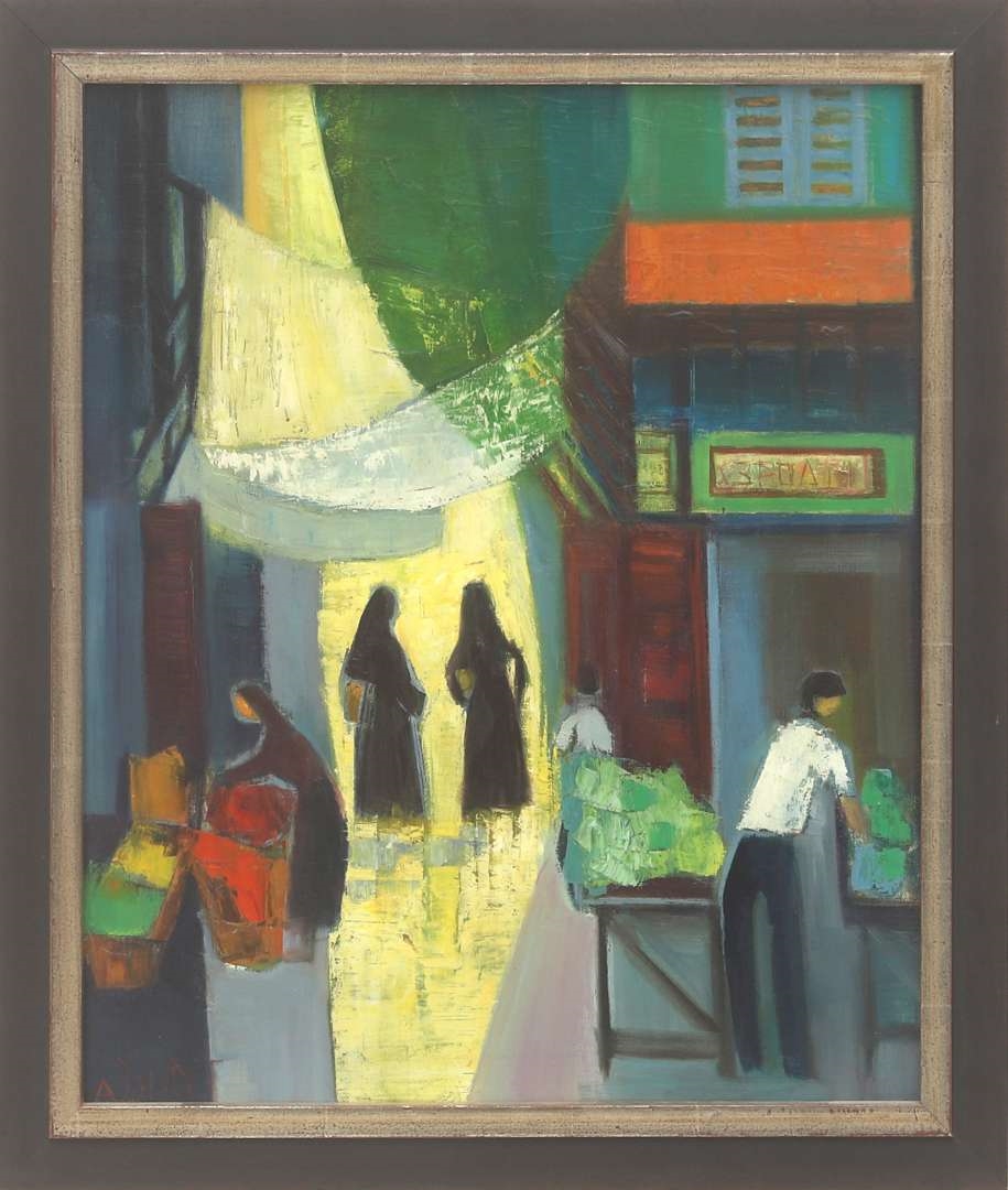 André Duret | Stadsgezicht met wandelende figuren | MutualArt