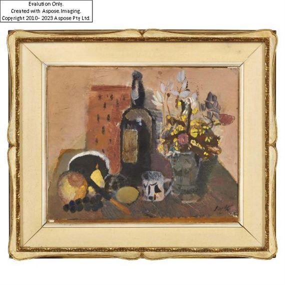 Bruno Saetti | Still life with bottle and flowers (2025) | MutualArt