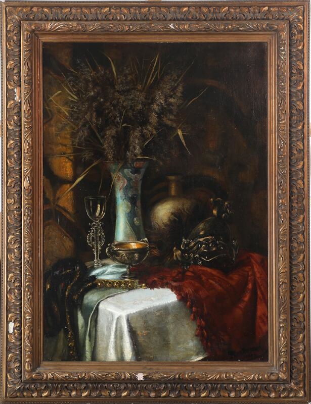 Sir Hubert von Herkomer | Still life with vase, glass and a helmet on a ...