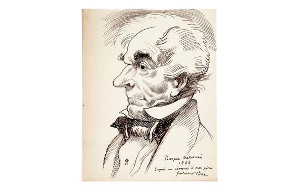 Prosper Merimee | Pen and brown ink drawing of Mérimée in profile ...