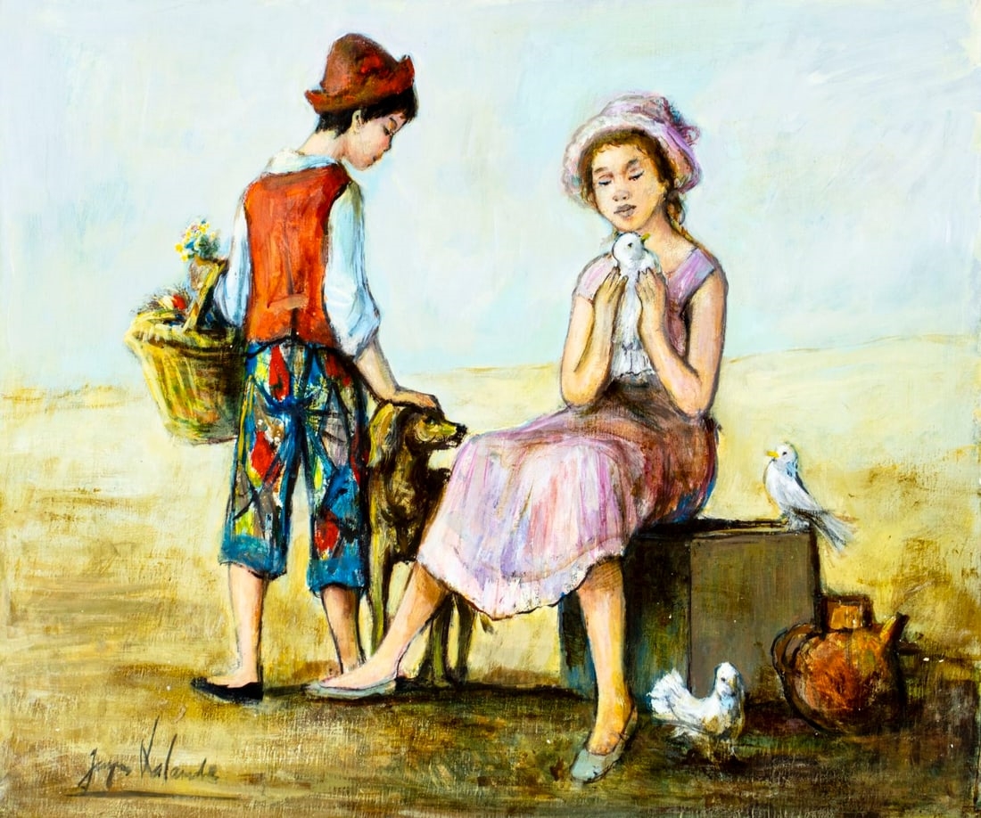 Jacques Lalande | Children with Dog and Pigeons | MutualArt
