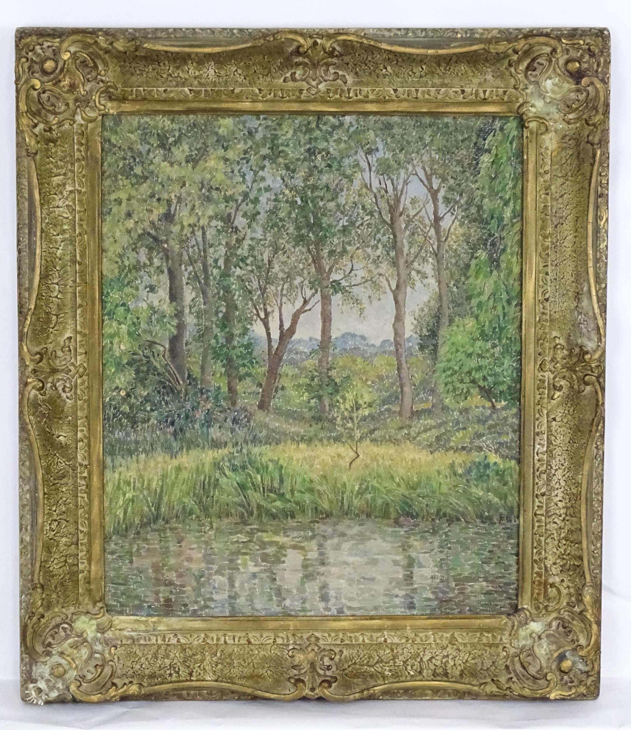 Irene Norah Bridge | A wooded landscape scene with pond. Bears James ...