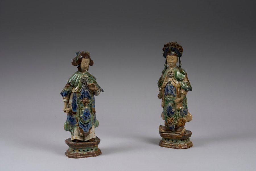 CAI MAI | Pair of stoneware statuettes with polychrome enameled ...
