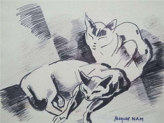 Jacques Nam | Two Cats Lying Down (1898) | MutualArt