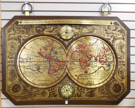 Large | Large wood framed brass map of the world in the style of a 17th ...