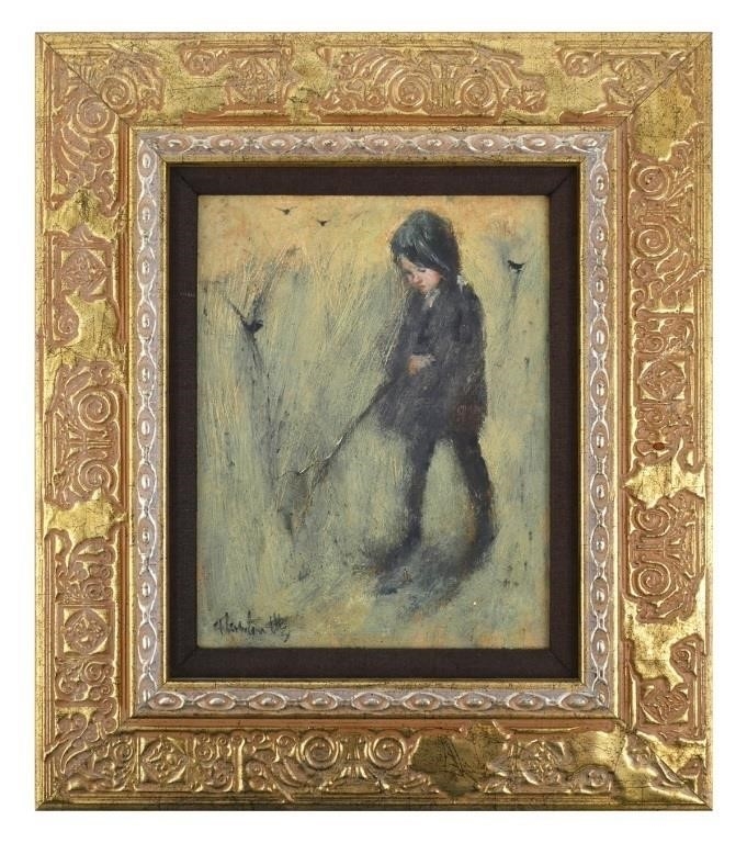 Thornton Utz | Oil on board painting of young girl on yellow/green ...