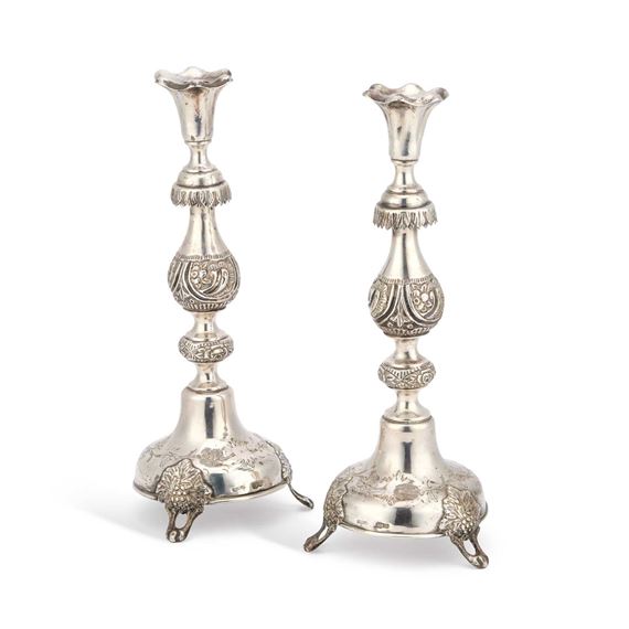 Silver | A PAIR OF RUSSIAN SILVER SABBATH CANDLESTICKS (1888) | MutualArt