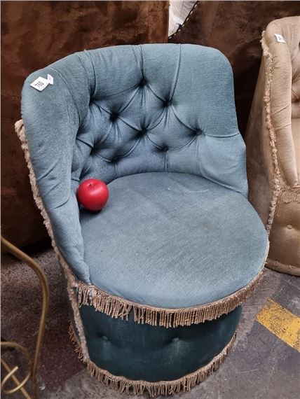 Fringe | Vintage tufted barrel chair with blue-green velvet upholster ...