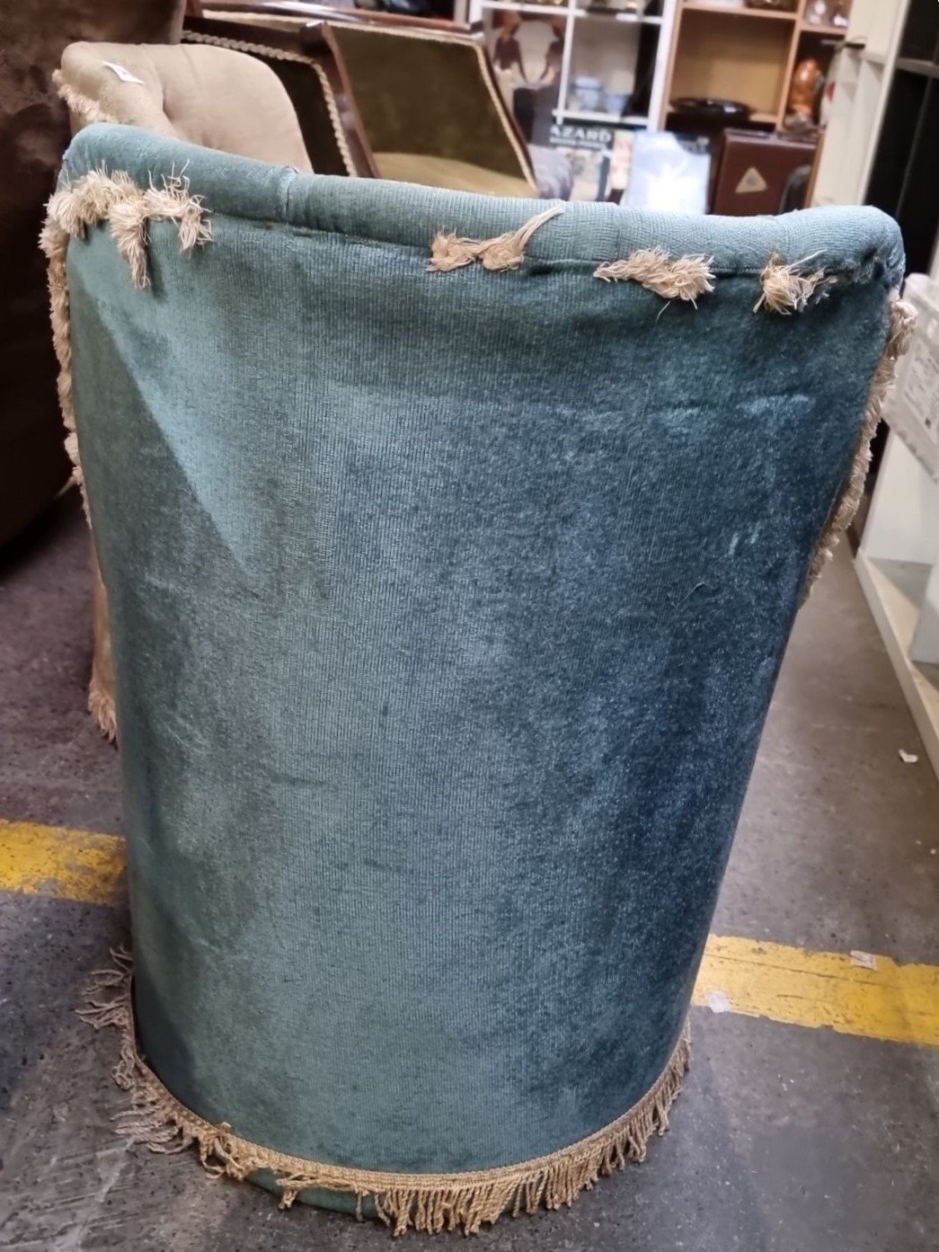 Fringe | Vintage tufted barrel chair with blue-green velvet upholster ...