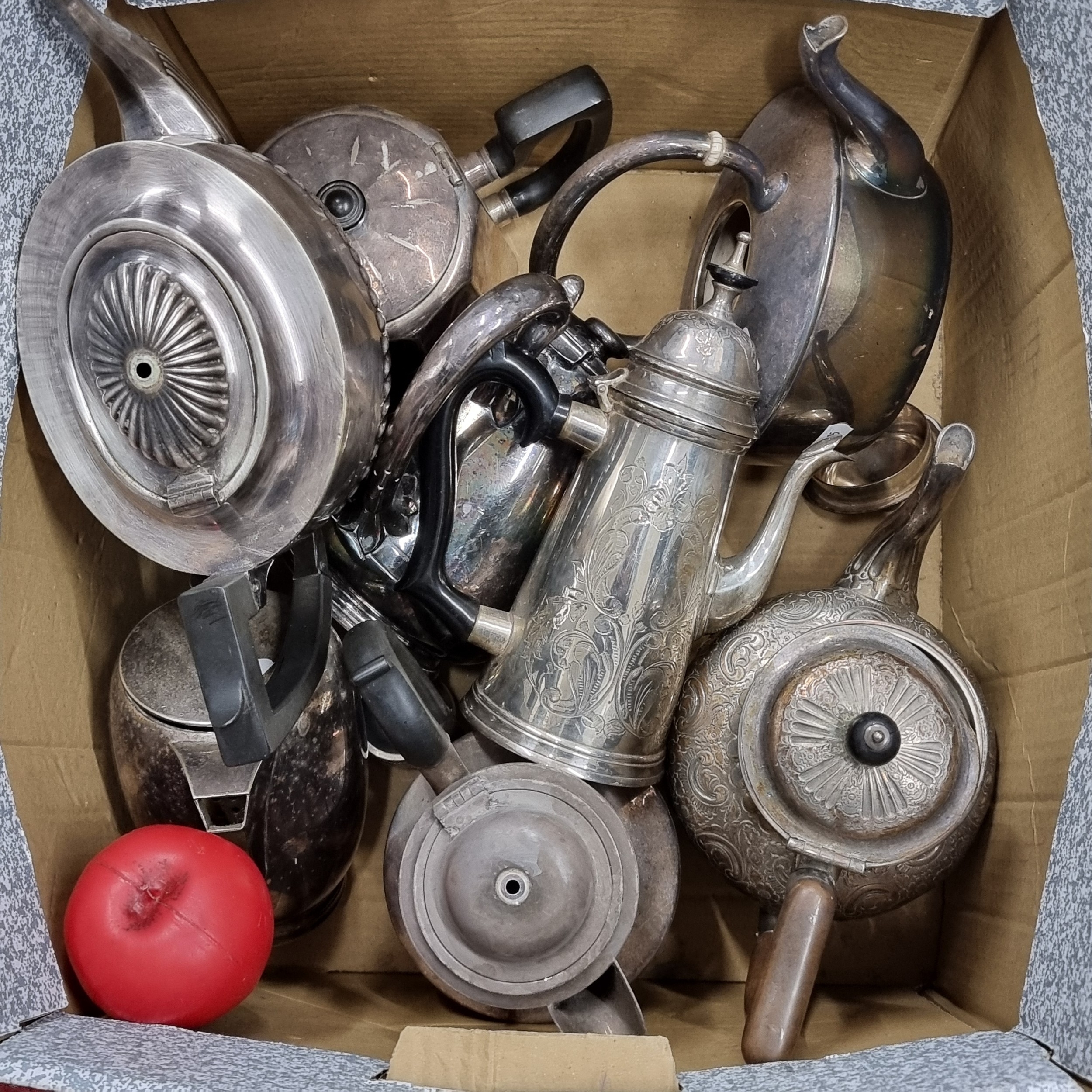 Coffee | A box of antique silverplated items including teapots and co ...