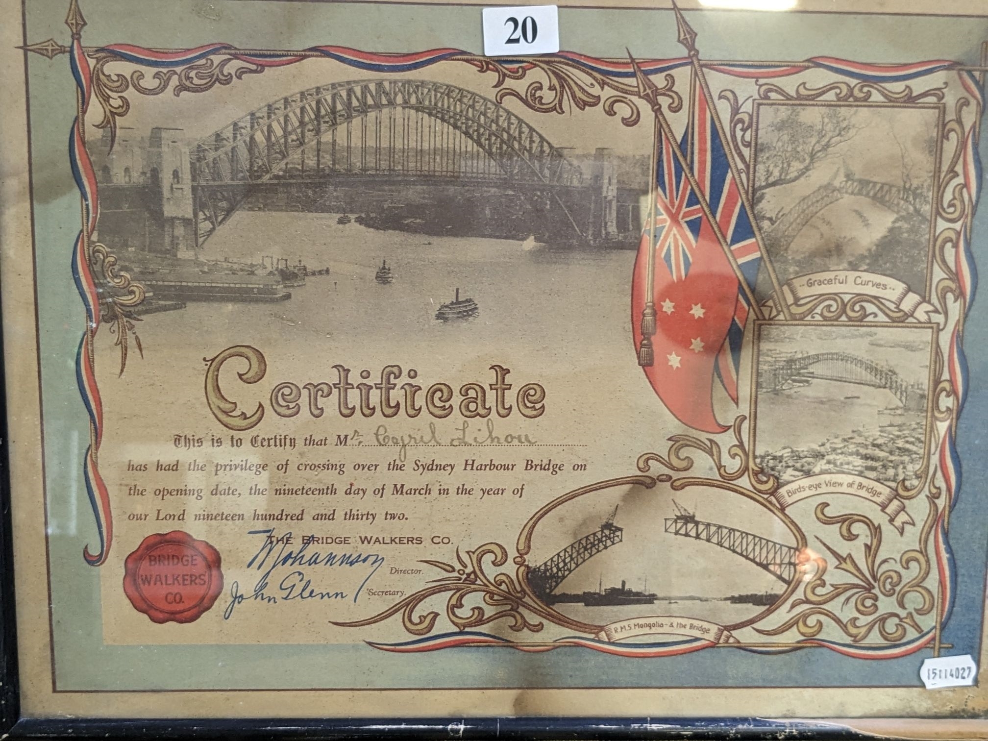 Sydney | SYDNEY HARBOUR BRIDGE CERTIFICATE (1932) | MutualArt