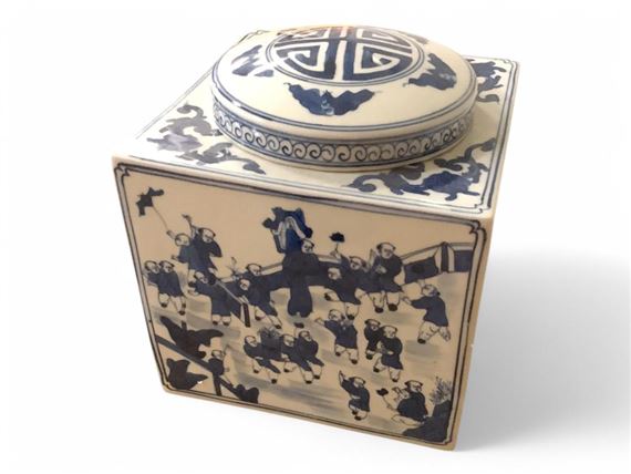 White | Asian Cube Jar with Top Measures 17” x 17” x 17 | MutualArt