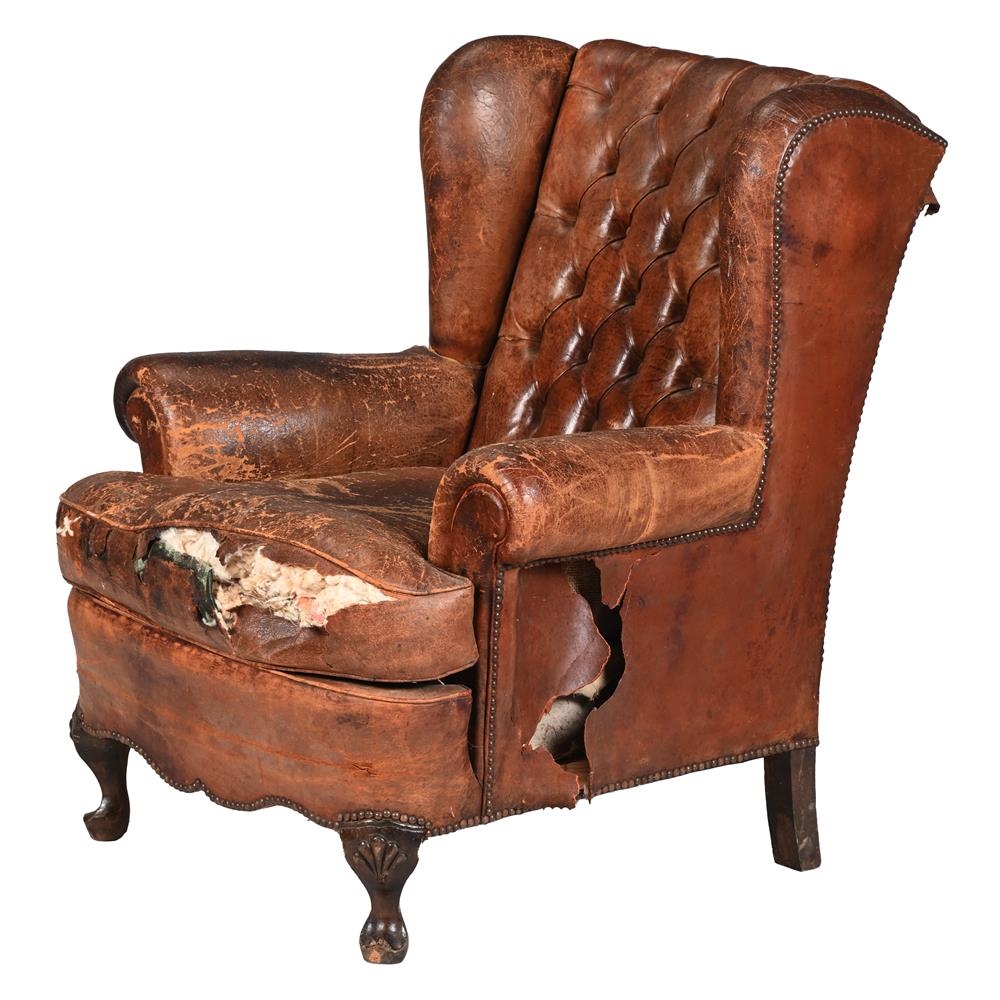 George | A BEECH AND LEATHER UPHOLSTERED ARMCHAIR, 20TH CENTURY (20th ...