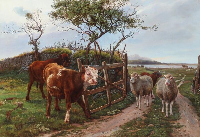 Theodor Esbern Philipsen | Cattle and sheep at the gate (1868) | MutualArt