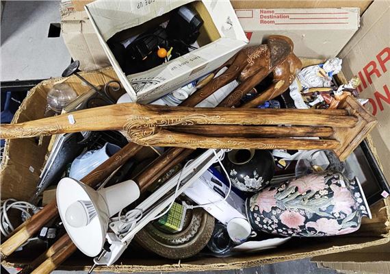 Unknown | Very large box of sundries inc. Timber statues | MutualArt