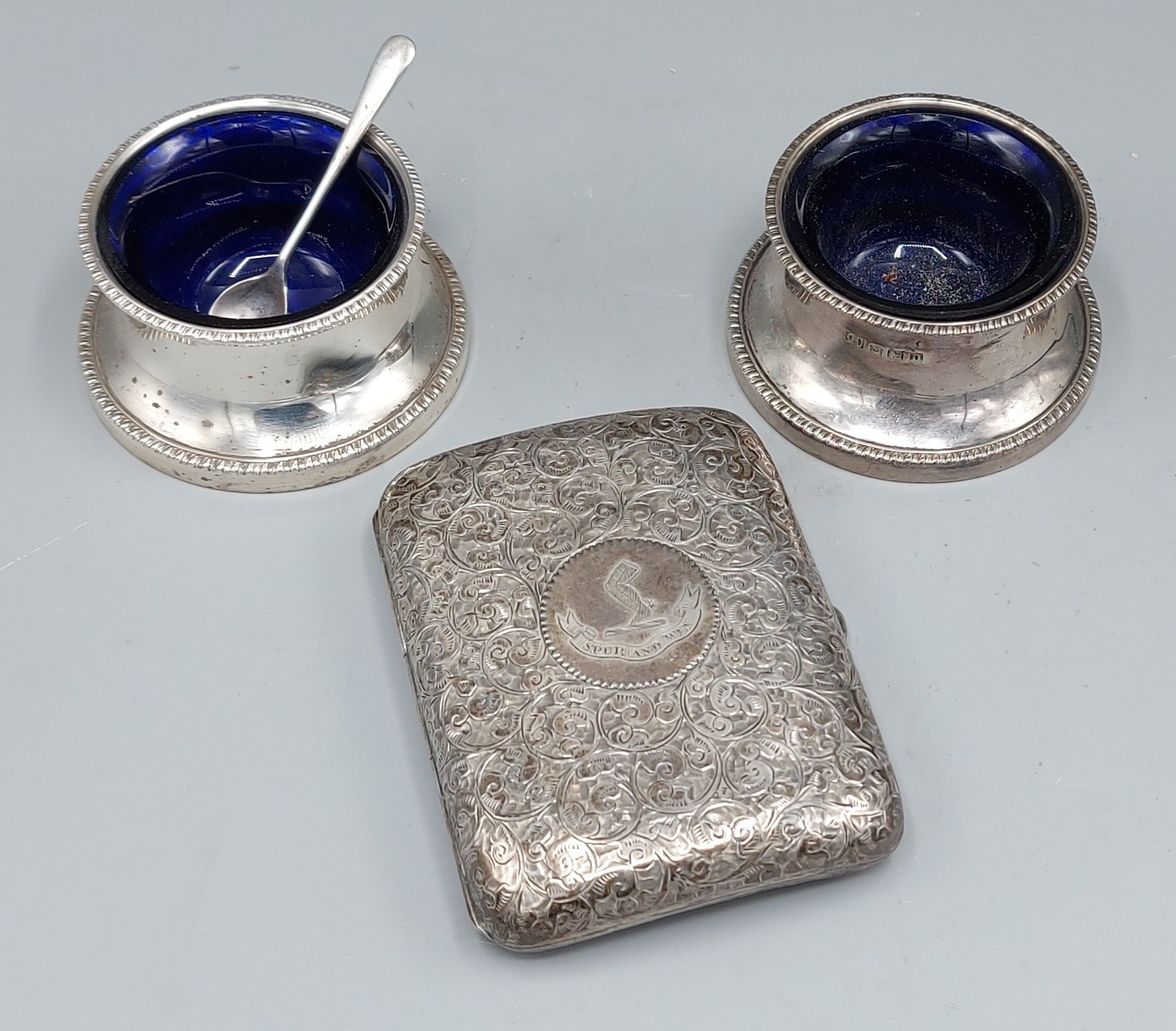 Silver | A pair of Birmingham silver salts of circular form with blue ...