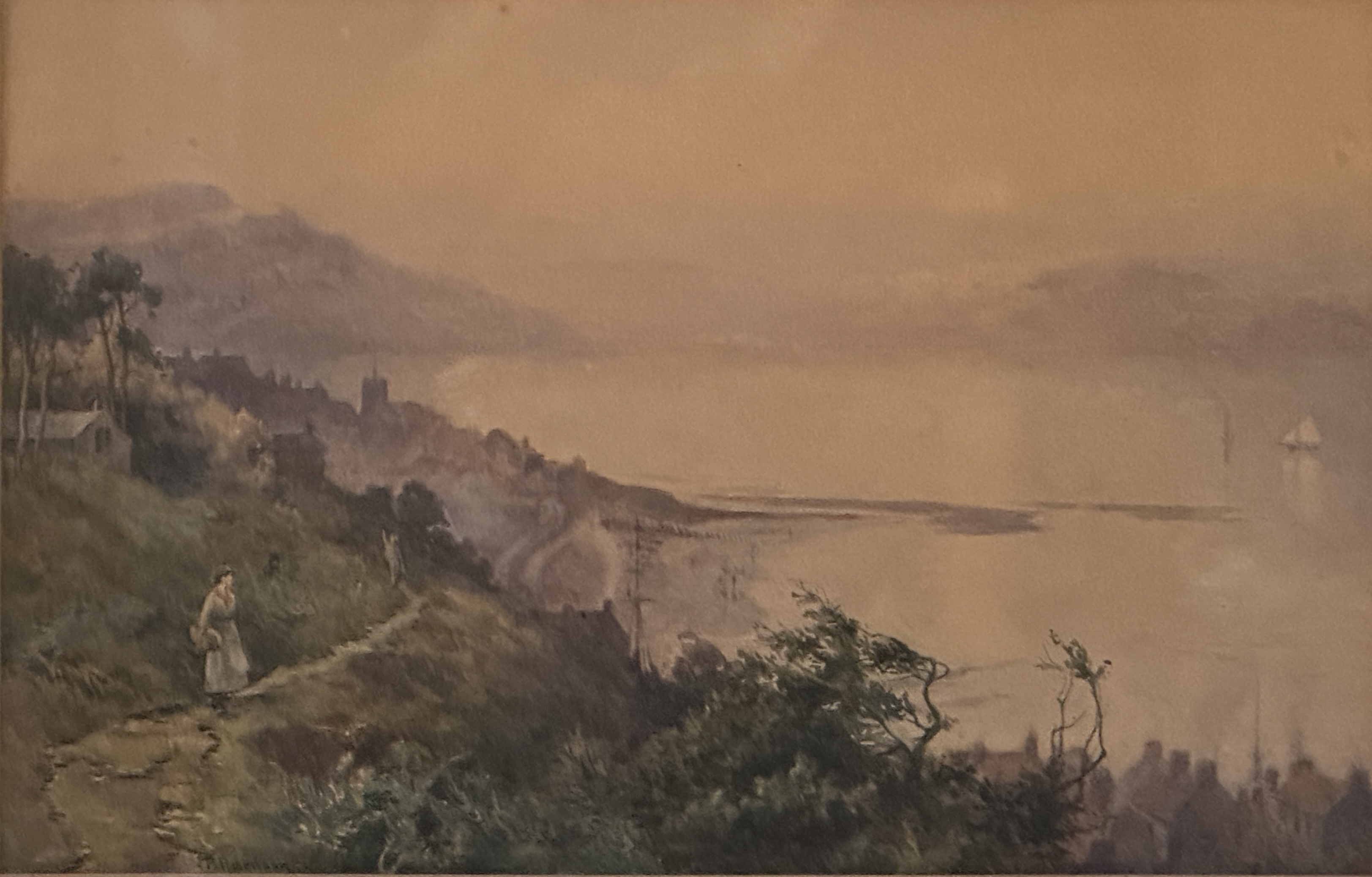 Percy Robertson | View over and estuary with young woman in the ...