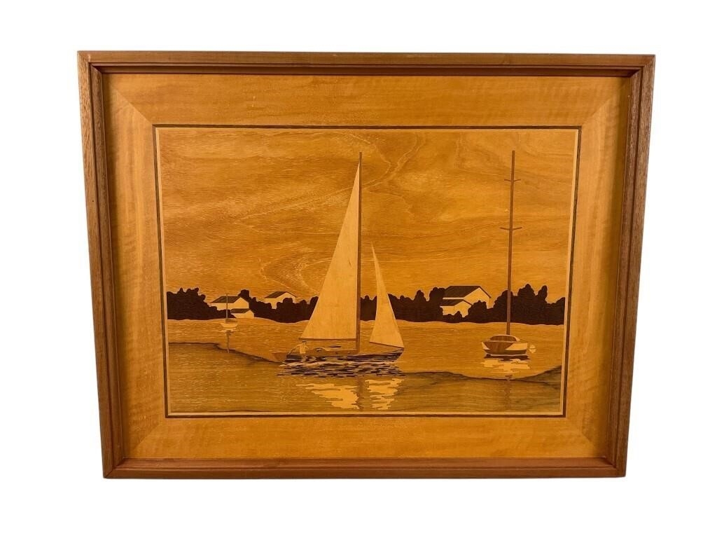Hudson River School | Wood Marquetry Inlay Picture Morning Harbor ...