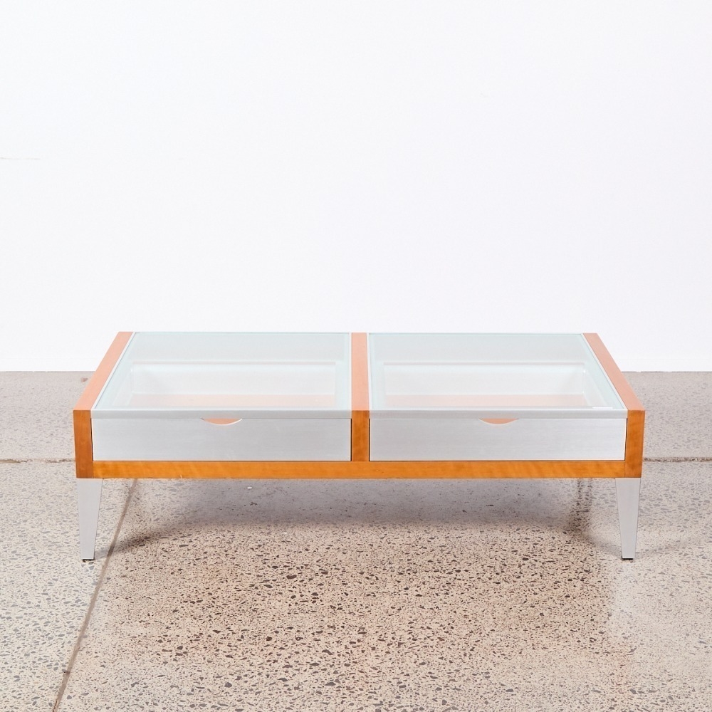 Coffee | An ALBEDO Glass and Cherry Wood Veneer Coffee Table | MutualArt