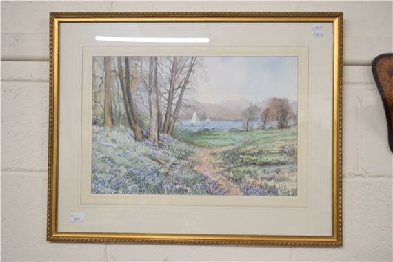 Keith Johnson | Keith Johnson - A rural scene with river and bluebells ...
