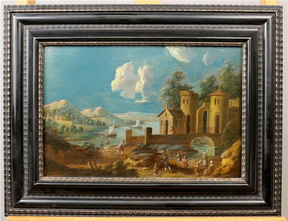 Marc Baets | Landschaft mit Kloster und Personenstaffage am Fluss (18 ...