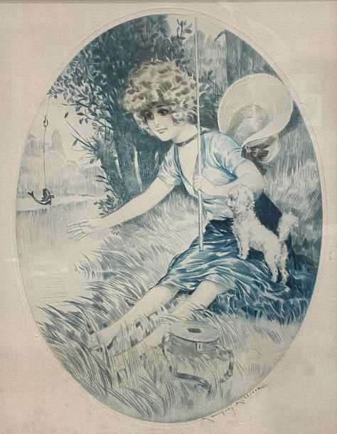 Maurice Milliere | Young girl and her dog fishing | MutualArt