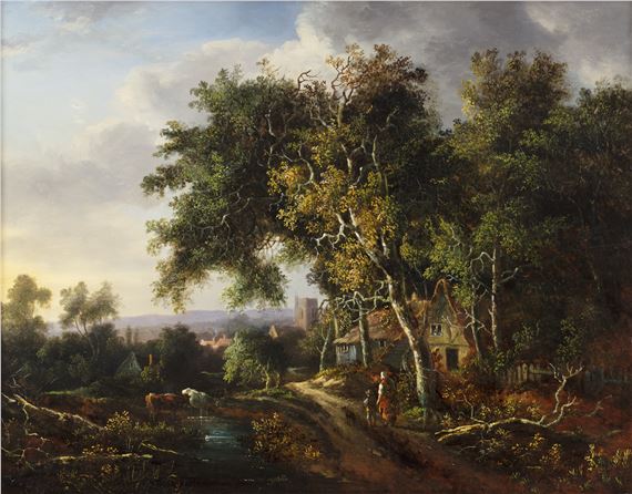 Meindert Hobbema | Landscape with figures passing a cottage | MutualArt