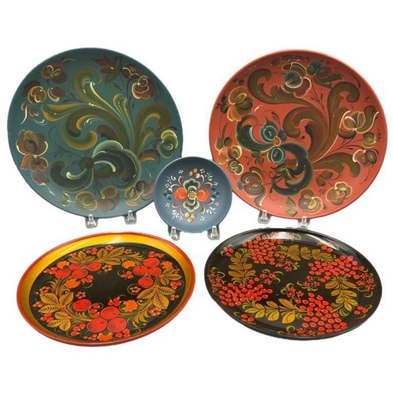Black | 5 Hand-Painted Wooden Decorative Plates | MutualArt