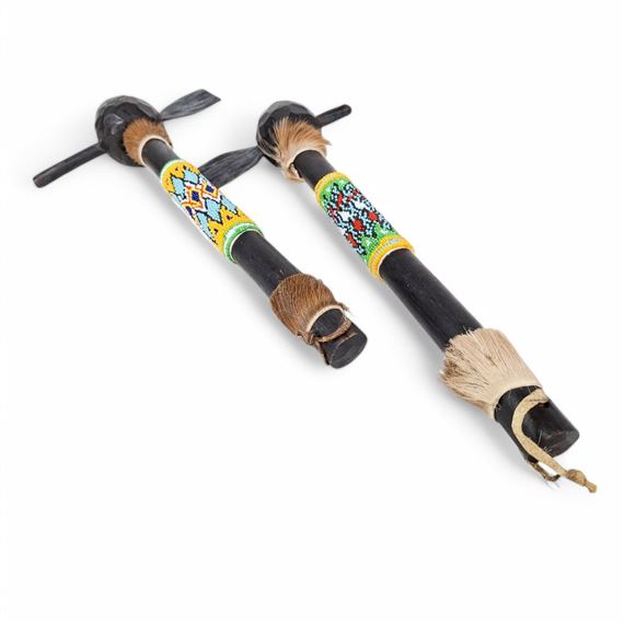 STEEL | 2 X ANTIQUE AFRICAN WOODEN CARVED AND STEEL BEADED TRIBAL ...