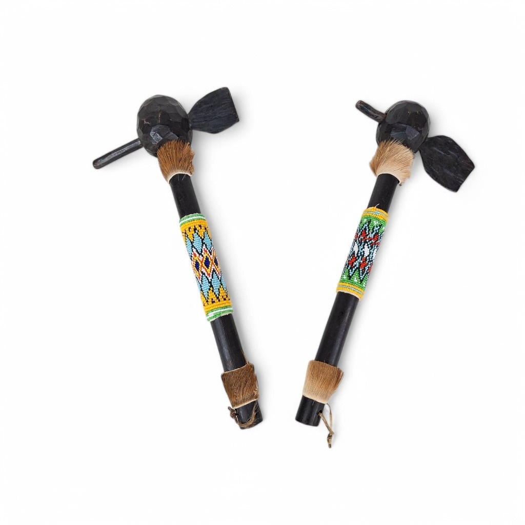 STEEL | 2 X ANTIQUE AFRICAN WOODEN CARVED AND STEEL BEADED TRIBAL ...