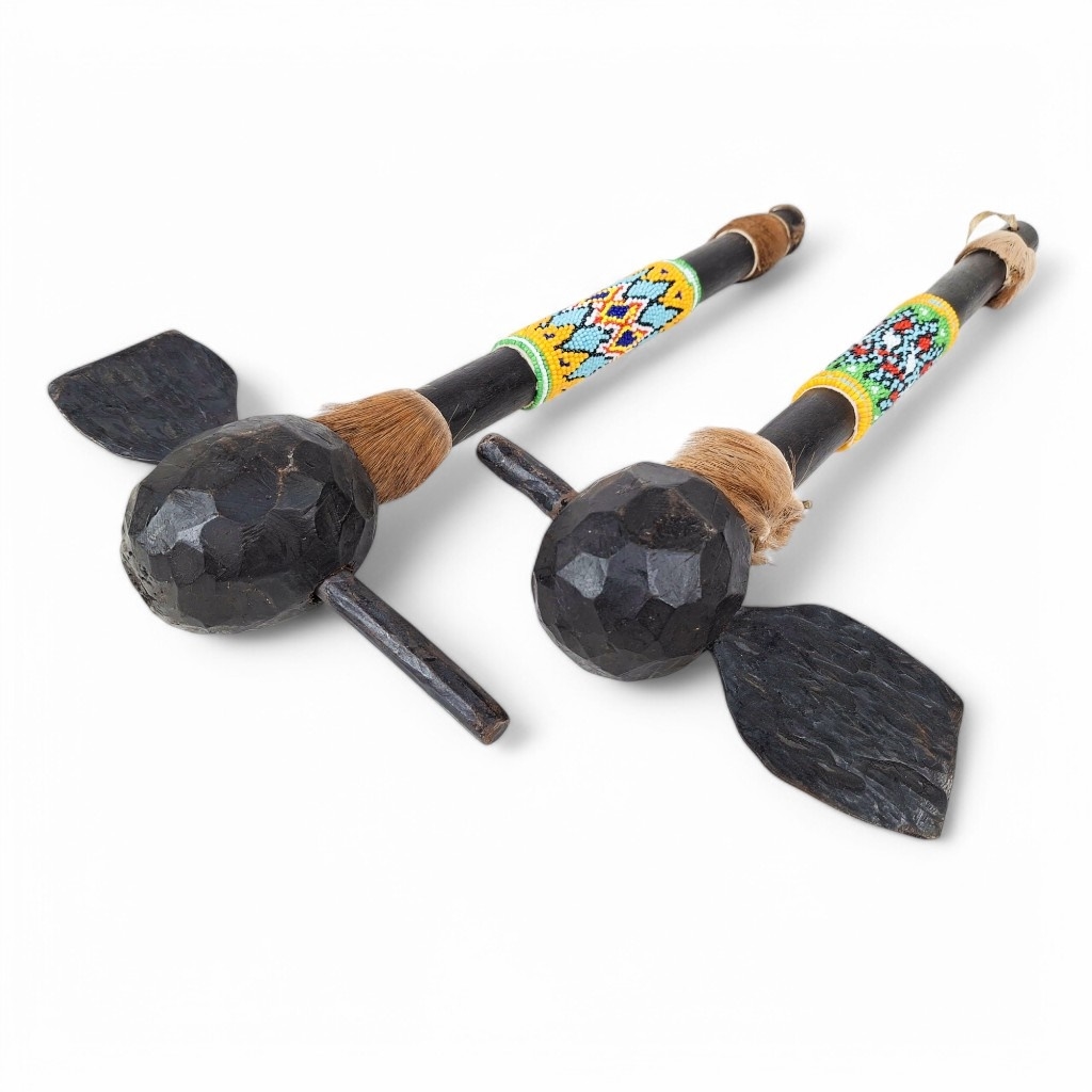 STEEL | 2 X ANTIQUE AFRICAN WOODEN CARVED AND STEEL BEADED TRIBAL ...