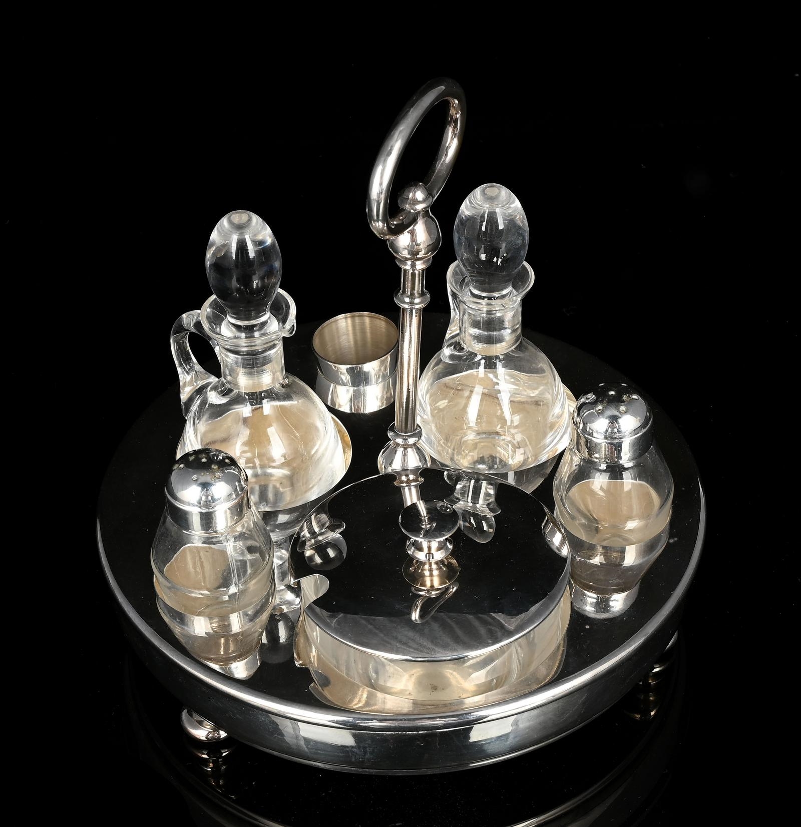 Silver | Christofle silver plated and glass condiment stand, with oil ...