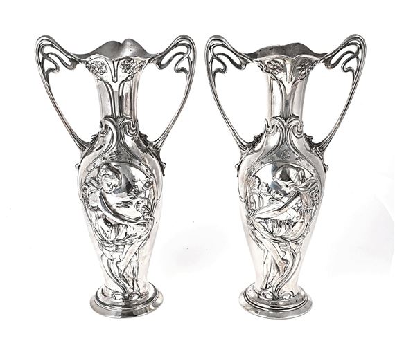 Silver | Pair of WMF silver plate on pewter vases, each decorated in ...
