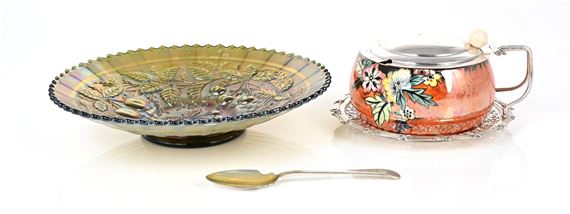 Silver | Royal Winton porcelain jam pot on a silver plated stand and ...