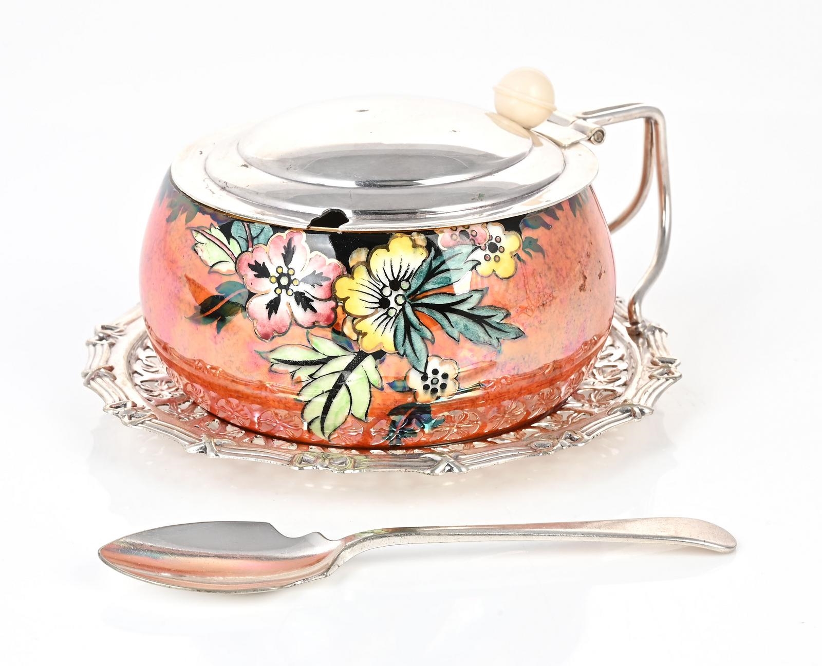 Silver | Royal Winton porcelain jam pot on a silver plated stand and ...