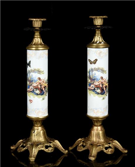 RoCoCo | Pair of cast brass and enamel candlesticks, each stick in ...