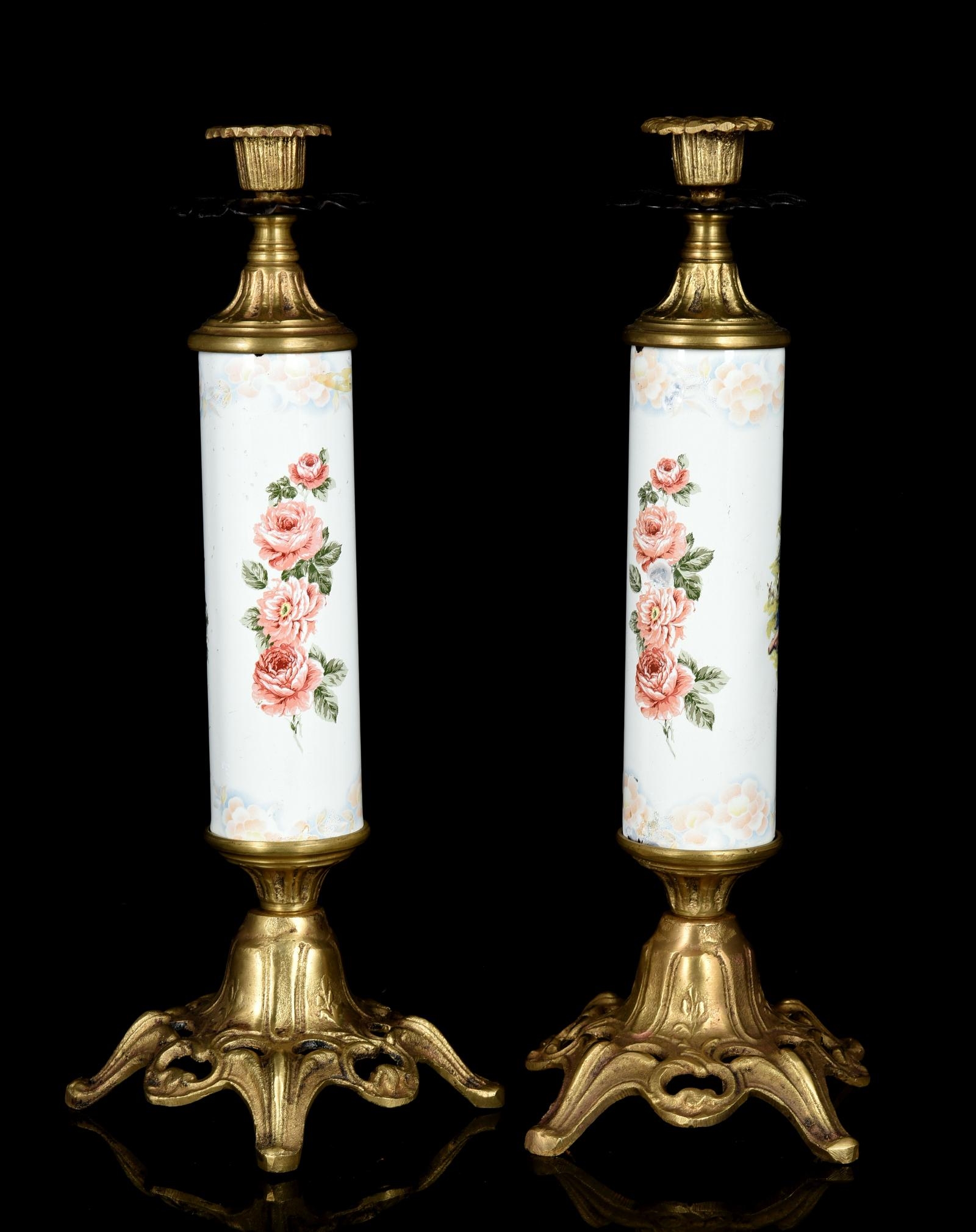 RoCoCo | Pair of cast brass and enamel candlesticks, each stick in ...