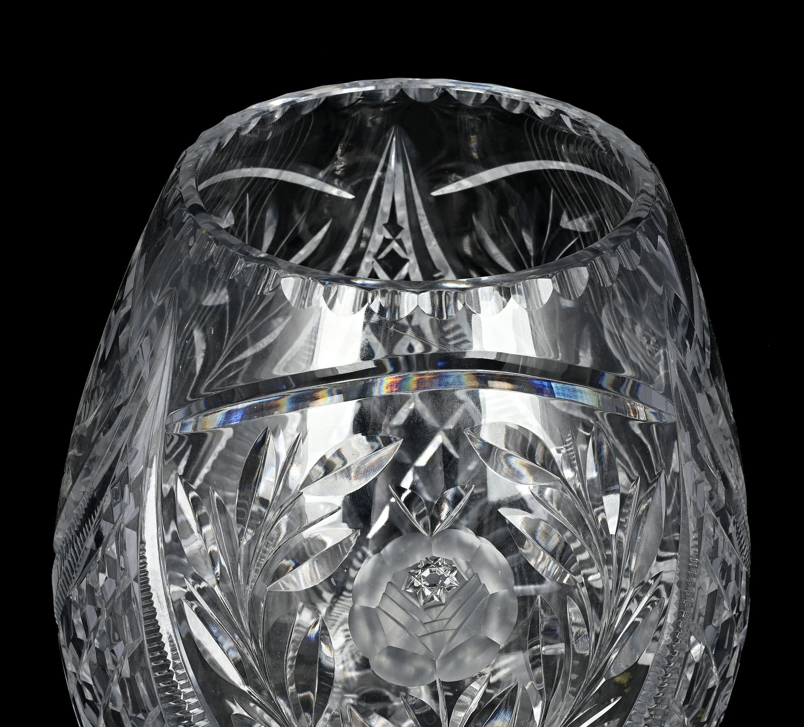 Unknown | Rose cut crystal elongated bowl shaped vase on three scroll ...